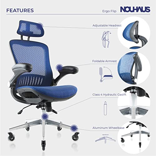 NOUHAUS ErgoFlip Mesh Computer Chair - Rolling Desk Chair with Retractable Armrest and Blade Wheels Ergonomic Office Chair, Desk Chairs, Executive Swivel Chair, Reinforced Base (Blue)