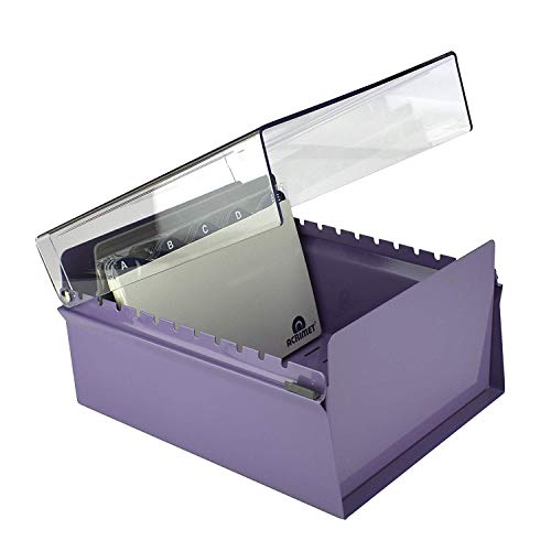 Acrimet 5 X 8 Card File Holder Organizer Metal Base Heavy Duty (AZ Index Cards and Divider Included) (Purple Color with Clear Crystal Plastic Lid Cover)