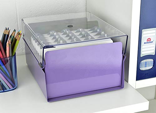 Acrimet 5 X 8 Card File Holder Organizer Metal Base Heavy Duty (AZ Index Cards and Divider Included) (Purple Color with Clear Crystal Plastic Lid Cover)