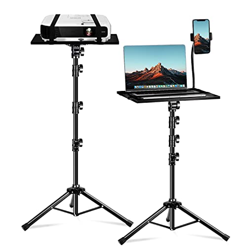 SanLead Projector Laptop Tripod Stand, Portable Tripod Shelf DJ Laptop Stand Height Adjustable Up to 54 Inches Projector Mount with Gooseneck Phone Holder, Detachable Universal Tripod Stand, Black