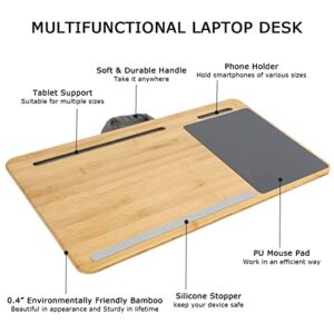 SUMISKY Laptop Lap Desk with Cushion Protable Laptop Desk with Handle Tablet Support Phone Holder and Mouse Pad Oversized Bamboo Laptop Stand for Bed and Sofa Fits Up to 17 Inches