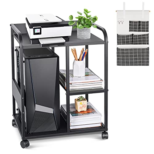 Retyion Mobile Printer Stand with Storage, 3-Tier Rolling Printer Table with Hanging Bag, Computer Tower Stand Under Desk for Home Office Storage (Black)