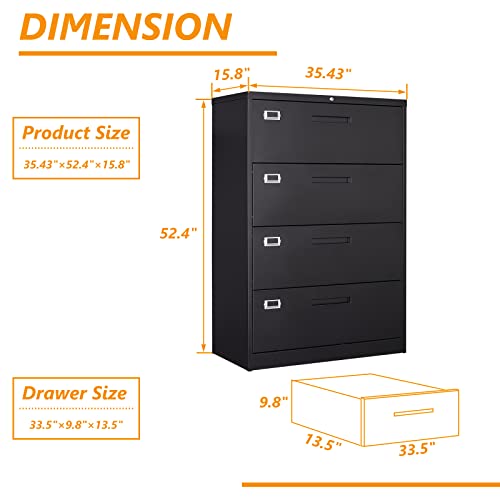 STANI Lateral File Cabinet, 4 Drawer Metal Storage File Cabinet with Lock, Metal Lateral File Cabinet for Home and Office, Assembly Required