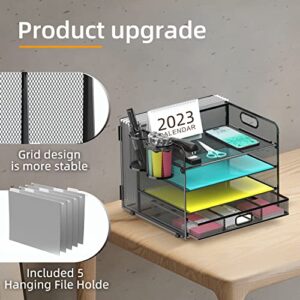 Daltack Paper Tray Mesh Desk Organizer with Vertical File Holder Office Organization with Drawer File Holder Desk File Organizer