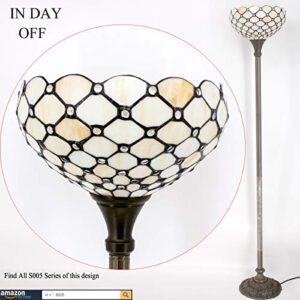 WERFACTORY Tiffany Floor Lamp Cream Amber Stained Glass Bead Light 12X12X66 Inches Pole Torchiere Standing Corner Torch Uplight Decor Bedroom Living Room Home Office (LED Bulb Included) S005 Series