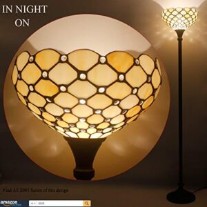 WERFACTORY Tiffany Floor Lamp Cream Amber Stained Glass Bead Light 12X12X66 Inches Pole Torchiere Standing Corner Torch Uplight Decor Bedroom Living Room Home Office (LED Bulb Included) S005 Series