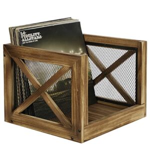 farm in vinyl record storage crate, open face design record holder holds over 65 records, both direction available, barn door “x-cross” design, rustic solid burnt wood and diamond metal wire mesh