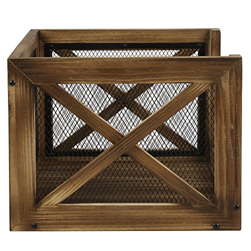 FARM IN Vinyl Record Storage Crate, Open Face Design Record Holder Holds Over 65 Records, Both Direction Available, Barn Door “X-Cross” Design, Rustic Solid Burnt Wood and Diamond Metal Wire Mesh