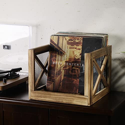 FARM IN Vinyl Record Storage Crate, Open Face Design Record Holder Holds Over 65 Records, Both Direction Available, Barn Door “X-Cross” Design, Rustic Solid Burnt Wood and Diamond Metal Wire Mesh