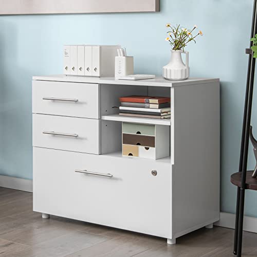 Giantex 3-Drawer Lateral File Cabinet - Under Desk Printer Stand with Storage Shelves, Hanging Bar for Legal/Letter Size Files, Lockable Filing Cabinet for Home Office Organization (White)