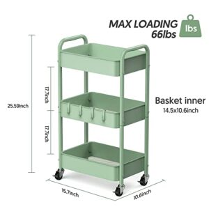 Anyyuk 3-Tier Rolling Storage Cart, Metal Utility Cart with Wheels and Hooks Mobile Art Cart Kitchen Organizer Storage Carts for Bathroom Office Bedroom