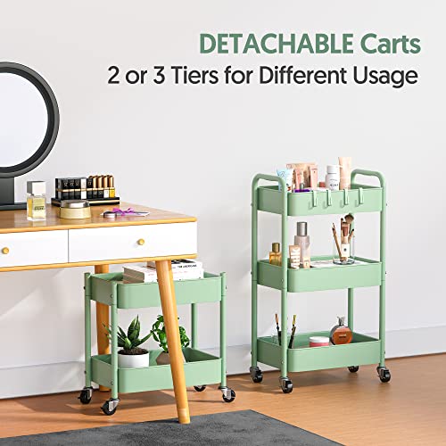 Anyyuk 3-Tier Rolling Storage Cart, Metal Utility Cart with Wheels and Hooks Mobile Art Cart Kitchen Organizer Storage Carts for Bathroom Office Bedroom