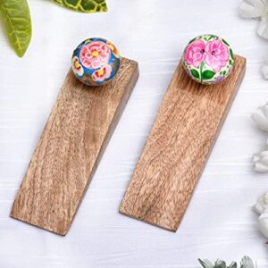 indian shelf wooden door stopper | handmade green door wedge stopper | etched stopper door (13.97 cm, 1 piece)