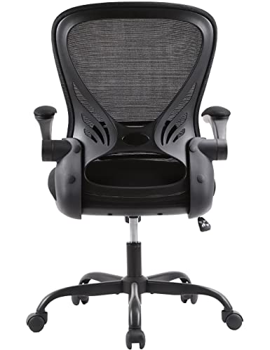 GTRSJ Office Chair with Flip up Armrests Mesh Executive Chairs Ergonomic Desk Chair with Lumbar Support Swivel Computer Chair for Conference Room Max Capacity 300lbs (Black/Noir)