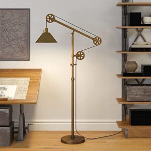 Henn&Hart Pulley System Floor Lamp with Metal Shade in Antique Brass/Antique Brass, Floor Lamp for Home Office, Bedroom, Living Room