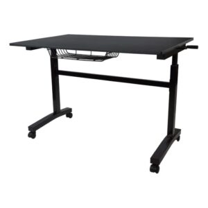 urb space atlantic adjustable height standing desk – 46” x 28” single-piece desktop, maintenance-free hand crank, sturdy heavy-duty steel frame, caster wheels for full mobility, pn 33908049 in black