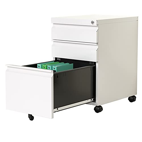 LISSIMO 3 Drawer Mobile File Cabinet with Lock,Under Desk Storage Cabinet for Home Office, Vertical Filing Cabinet Fits A4 or Letter Size (Unassembled, White)