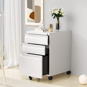 LISSIMO 3 Drawer Mobile File Cabinet with Lock,Under Desk Storage Cabinet for Home Office, Vertical Filing Cabinet Fits A4 or Letter Size (Unassembled, White)