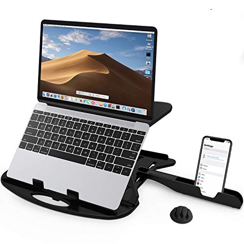 Carnation Adjustable Laptop Stand for Desk with Phone Stand and Cable Clip - 7 Height Options - Swivel Base - Portable, Collapsible - Compatible with Mac, iPad, Tablets and Laptops up to 17” (Black)