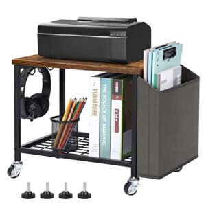 caduke 2 tier printer cart mobile printer table on wheels, printer shelf with storage bag under desk rolling cart for printer organizer stand with hooks for home office, farmhouse brown and black