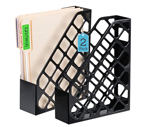 1InTheOffice Plastic Magazine File Holder, File Holder Organizer Box, 3 x 10 x 11.88, Recycled, Black, (2 Pack)