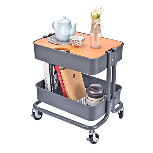 2-Tier Metal Utility Rolling Cart Storage Side End Table with Cover Board for Office Home Kitchen Organization, Dark Gray