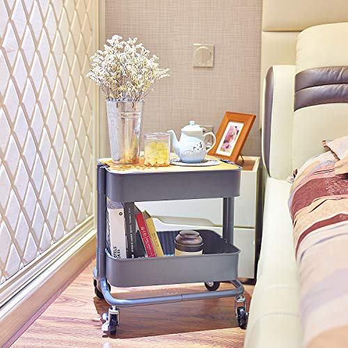 2-Tier Metal Utility Rolling Cart Storage Side End Table with Cover Board for Office Home Kitchen Organization, Dark Gray