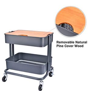 2-Tier Metal Utility Rolling Cart Storage Side End Table with Cover Board for Office Home Kitchen Organization, Dark Gray