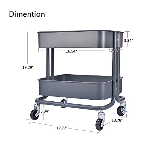 2-Tier Metal Utility Rolling Cart Storage Side End Table with Cover Board for Office Home Kitchen Organization, Dark Gray