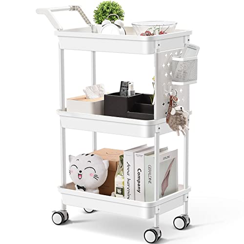 KINGRACK 3-Tier Rolling Cart, Utility Storage Cart with DIY Pegboards, Art Craft Trolley, Organizer Serving Cart, Storage Trolley cart for Home, Kitchen, Bedroom, Office, White