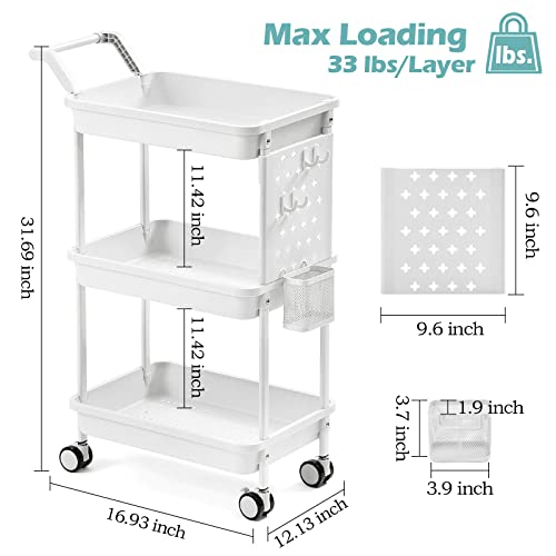 KINGRACK 3-Tier Rolling Cart, Utility Storage Cart with DIY Pegboards, Art Craft Trolley, Organizer Serving Cart, Storage Trolley cart for Home, Kitchen, Bedroom, Office, White