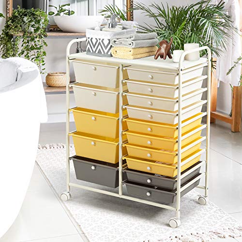 KOTEK 15-Drawer Rolling Storage Cart, Multipurpose Mobile Utility Cart with 4 Wheels, Home Office School Tools Scrapbook Paper Organizer (Yellow)