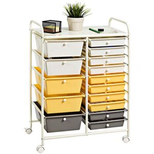 kotek 15-drawer rolling storage cart, multipurpose mobile utility cart with 4 wheels, home office school tools scrapbook paper organizer (yellow)