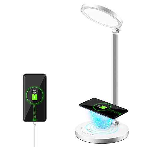 LED Desk Lamp, Desk Lamp with Wireless Charger, USB Charging Port, Eye-Caring Desk Lamp for home office, 5 Lighting Modes and 5 Brightness Levels, Bright Table Light with Touch Control, 30 Mins Timer