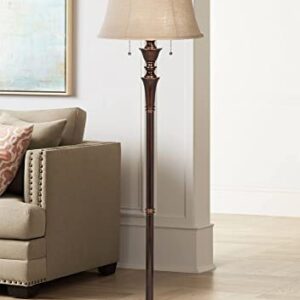 Regency Hill Brooke Traditional Standing Floor Lamp 60" Tall Rich Bronze Copper Accents Metal Column Brown Burlap Modified Bell Shade for Living Room Reading House Family Bedroom Home