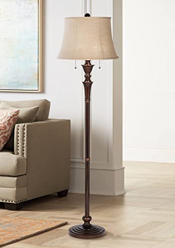 Regency Hill Brooke Traditional Standing Floor Lamp 60" Tall Rich Bronze Copper Accents Metal Column Brown Burlap Modified Bell Shade for Living Room Reading House Family Bedroom Home