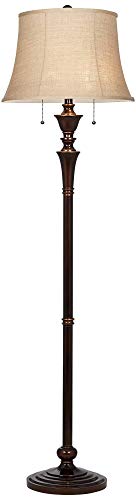 Regency Hill Brooke Traditional Standing Floor Lamp 60" Tall Rich Bronze Copper Accents Metal Column Brown Burlap Modified Bell Shade for Living Room Reading House Family Bedroom Home