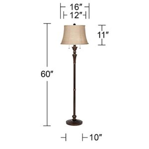 Regency Hill Brooke Traditional Standing Floor Lamp 60" Tall Rich Bronze Copper Accents Metal Column Brown Burlap Modified Bell Shade for Living Room Reading House Family Bedroom Home