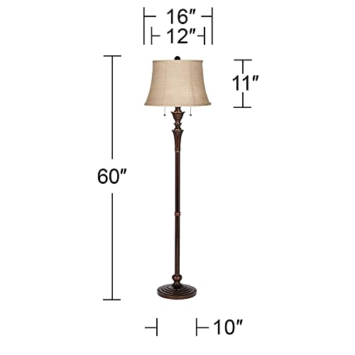 Regency Hill Brooke Traditional Standing Floor Lamp 60" Tall Rich Bronze Copper Accents Metal Column Brown Burlap Modified Bell Shade for Living Room Reading House Family Bedroom Home