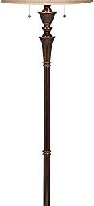 Regency Hill Brooke Traditional Standing Floor Lamp 60" Tall Rich Bronze Copper Accents Metal Column Brown Burlap Modified Bell Shade for Living Room Reading House Family Bedroom Home