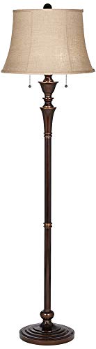 Regency Hill Brooke Traditional Standing Floor Lamp 60" Tall Rich Bronze Copper Accents Metal Column Brown Burlap Modified Bell Shade for Living Room Reading House Family Bedroom Home