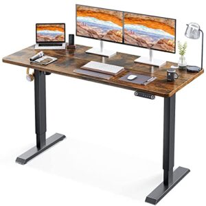 kkl 55-inch height adjustable electric standing desk, 55 x 28 inches stand up desk with splice board and hook, sit stand desk with rustic brown top and black frame