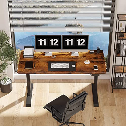 KKL 55-inch Height Adjustable Electric Standing Desk, 55 x 28 Inches Stand Up Desk with Splice Board and Hook, Sit Stand Desk with Rustic Brown Top and Black Frame