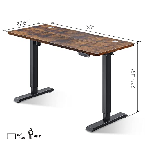 KKL 55-inch Height Adjustable Electric Standing Desk, 55 x 28 Inches Stand Up Desk with Splice Board and Hook, Sit Stand Desk with Rustic Brown Top and Black Frame