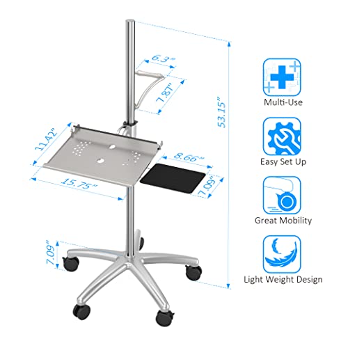 Aluminum Mobile Laptop Cart on Wheels, Height Adjustable Rolling Laptop Stand with Mouse Tray, Mobile Computer Workstation for Home, Office, School and Hospital