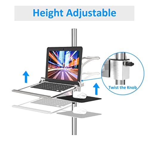 Aluminum Mobile Laptop Cart on Wheels, Height Adjustable Rolling Laptop Stand with Mouse Tray, Mobile Computer Workstation for Home, Office, School and Hospital