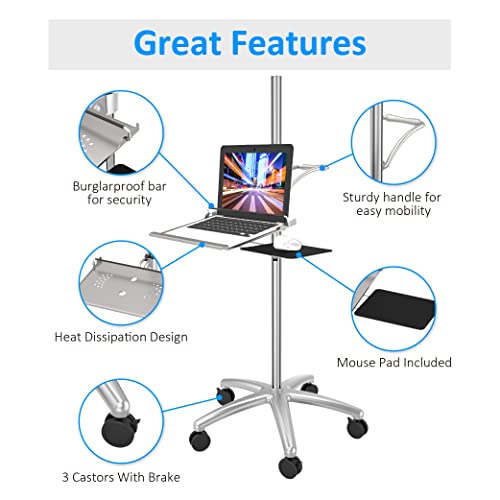 Aluminum Mobile Laptop Cart on Wheels, Height Adjustable Rolling Laptop Stand with Mouse Tray, Mobile Computer Workstation for Home, Office, School and Hospital