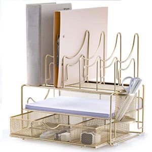 rocdeer gold file desk organizer with drawer and file folder sorter, desktop paper organizer for desk countertop cabinet office supplies