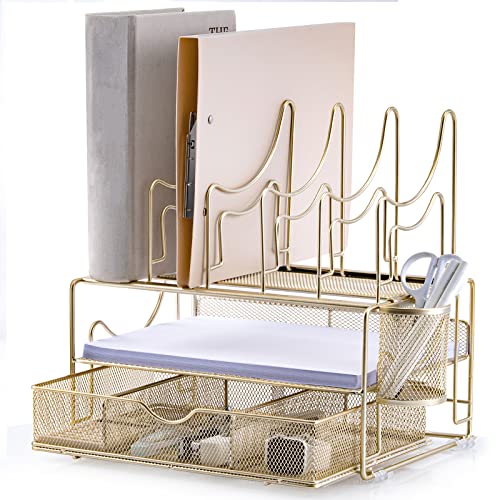 ROCDEER Gold File Desk Organizer with Drawer and File Folder Sorter, Desktop Paper Organizer for Desk Countertop Cabinet Office supplies