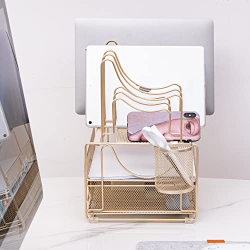 ROCDEER Gold File Desk Organizer with Drawer and File Folder Sorter, Desktop Paper Organizer for Desk Countertop Cabinet Office supplies